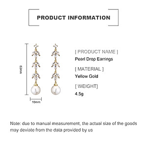 14K Gold Natural Crystal Pearl Dangle Earrings for Women, Simple Leaf Long Dangle Earrings, Fashion Christmas Jewelry Gift (Yellow Gold, 14K)