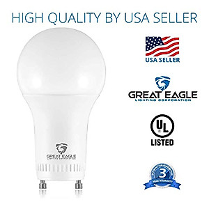 Great Eagle GU24 Led Bulb - A19 Shape, 9W (60W Equivalent), Dimmable, 2700K Warm White, UL Listed, Twist-in Light Bulb, 2 Prong Light Bulbs (4-Pack)