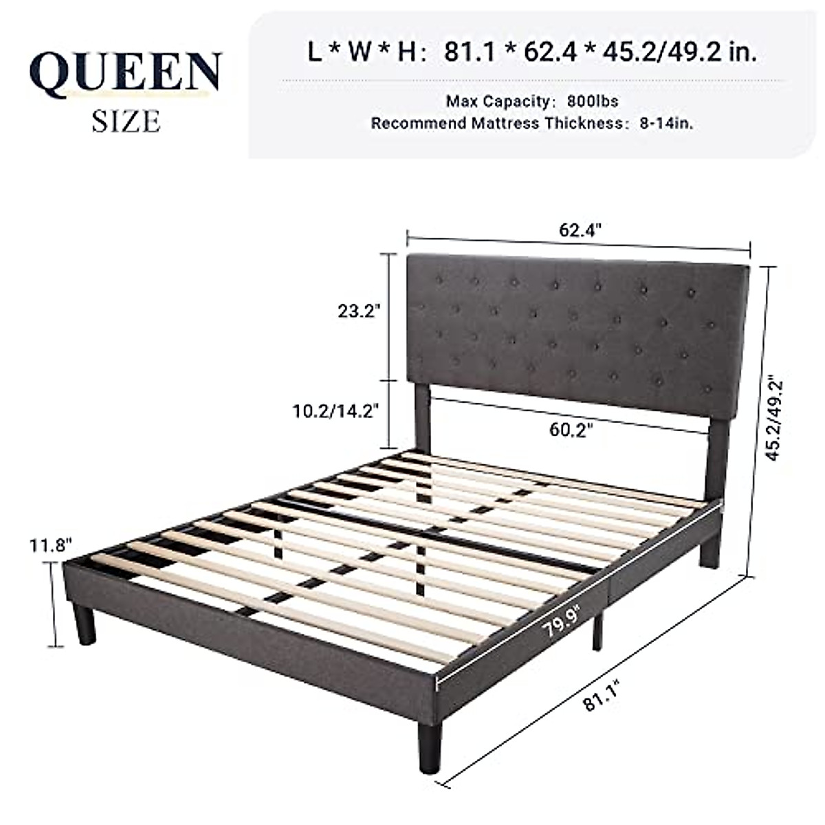 Allewie Queen Bed Frame with Adjustable Headboard/Diamond Stitched Button Tufted/Fabric Upholstered Platform Bed Frame/Wood Slat Support/No Box Spring Needed/Easy Assembly, Dark Grey