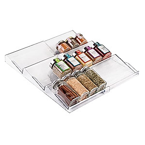 mDesign Expandable Plastic Deluxe Spice Rack, Drawer Organizer for Kitchen Cabinet Drawers - 3- Tier Slanted for Spice Jar, Food Seasoning Bottle Storage, Easy Install - Ligne Collection - Clear