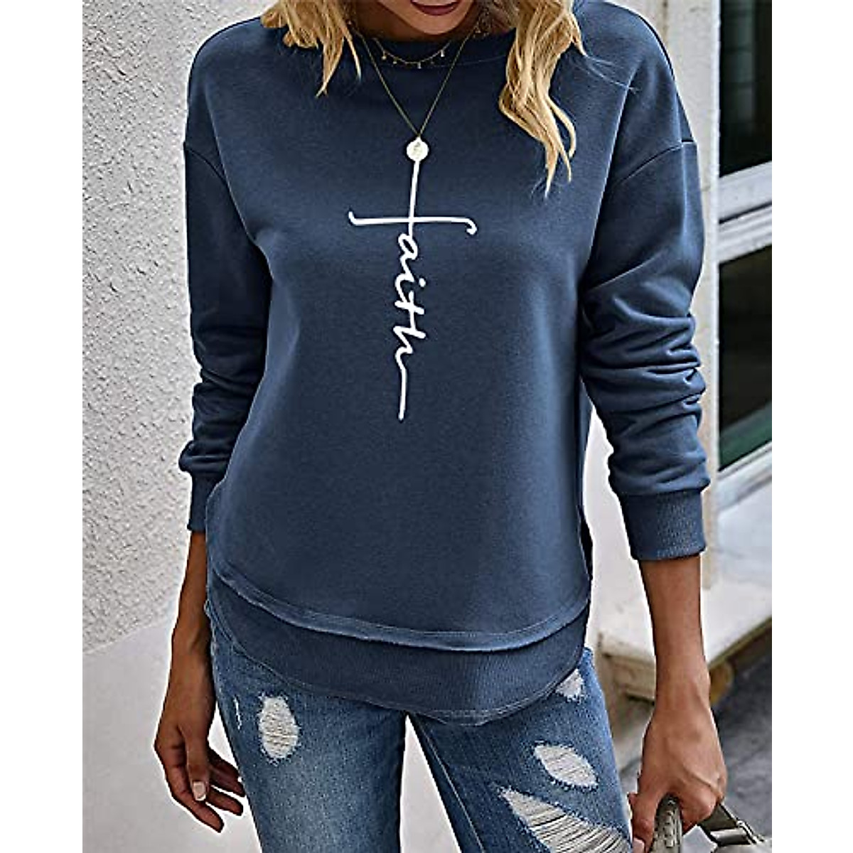 Womens Casual Funny Faith Spirituality Graphic Crewneck Sweatshirt Long Sleeve Loose Pullover Tops Shirts (Navy,Medium,US,Alpha,Medium)
