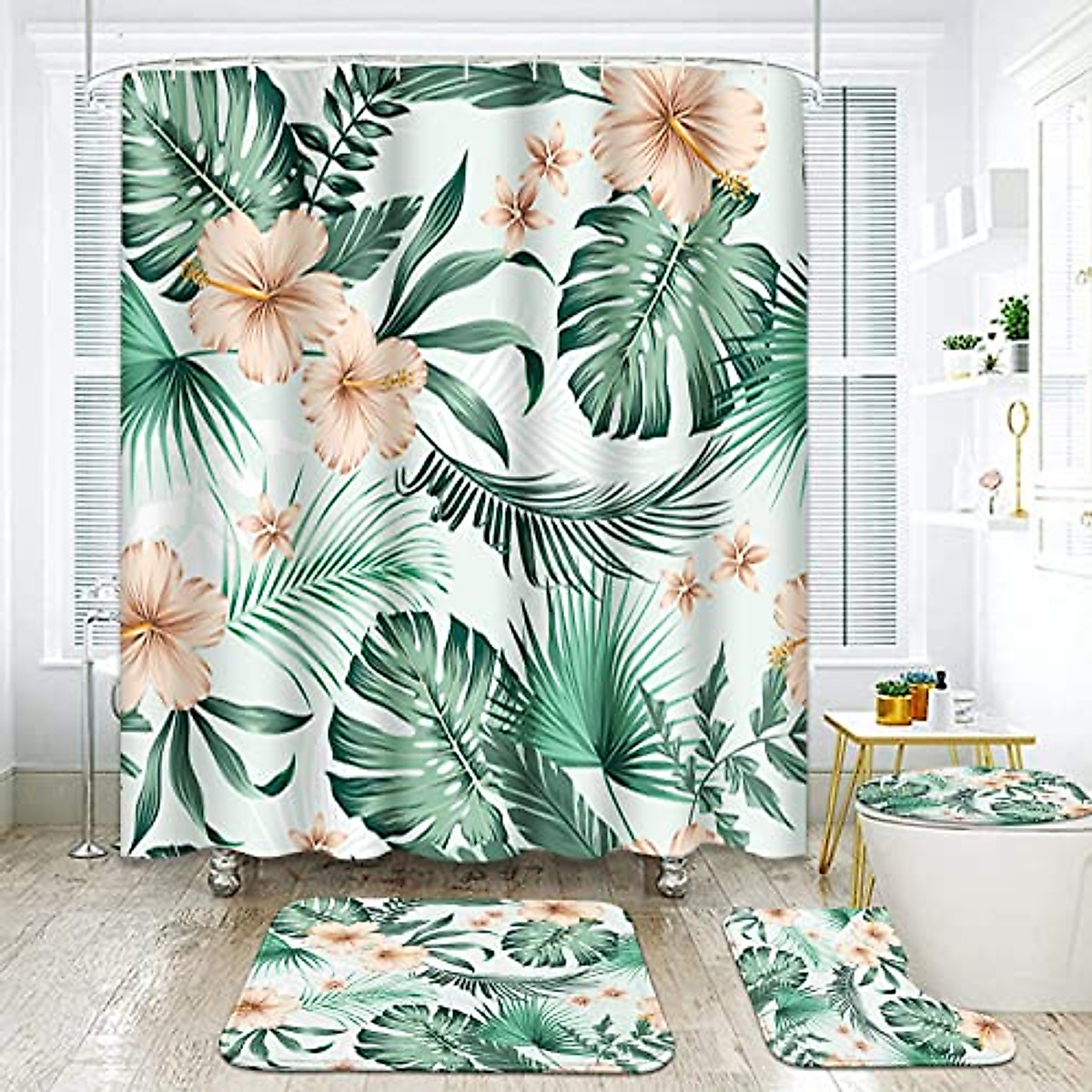 Tropical Palm Leaves Bathroom Sets with Shower Curtain and Rugs and Accessories, Tropical Flower Shower Curtain Set, Tropical Palm Shower Curtains for Bathroom, Tropical Floral Bathroom Decor 4 Pcs