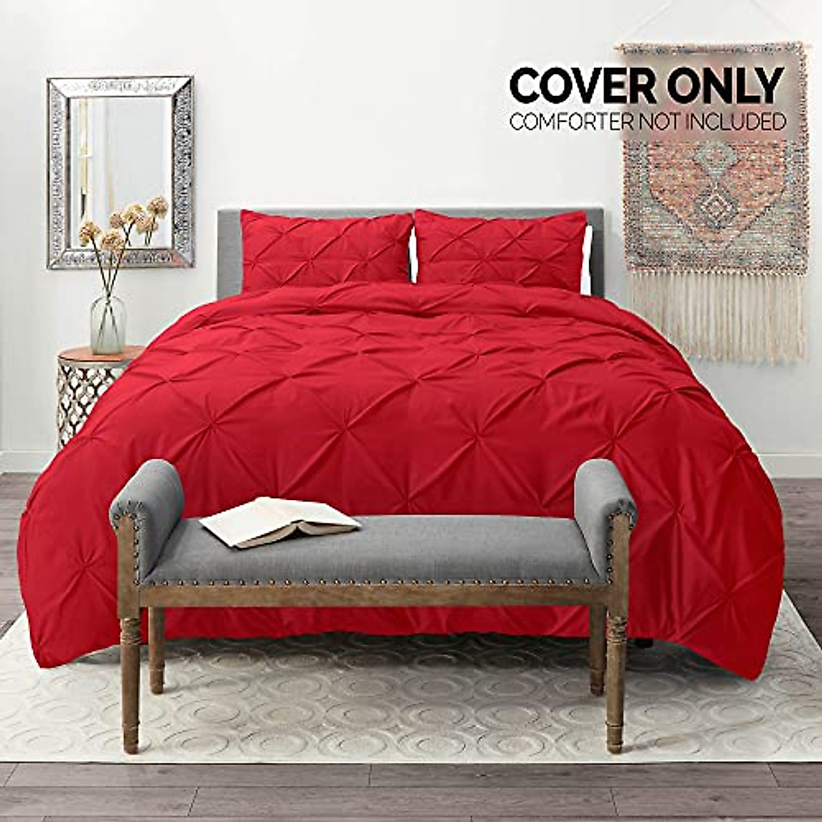 Nestl Red Duvet Cover Queen Size - Pintuck Queen Duvet Cover Set, 3 Piece Double Brushed Duvet Covers with Button Closure, 1 Pinch Pleated Duvet Cover 90x90 inches and 2 Pillow Shams