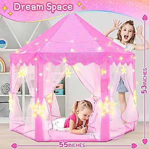 EVOIONOS Pink Girls Princess Tent with Large Star Lights and White Princess Rug