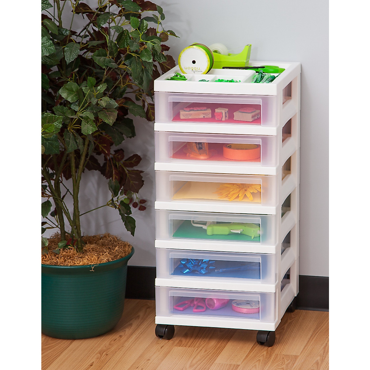 IRIS USA 585636 6-Drawer Storage Cart with Organizer Top, White