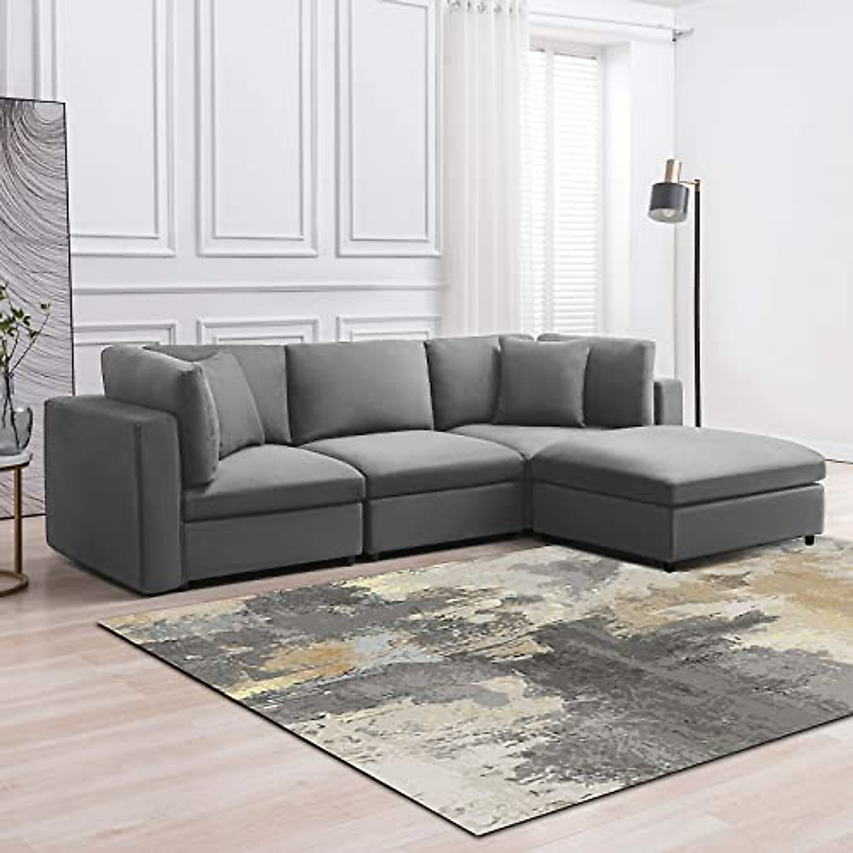 BALUS Modern Convertible Sectional Sofa,3 Seat Sofa+1 Chaise, L Shaped Corner Sleeper Sofa Couch,Modular Sectional Couches with Wood Legs for Living Room, Light Grey