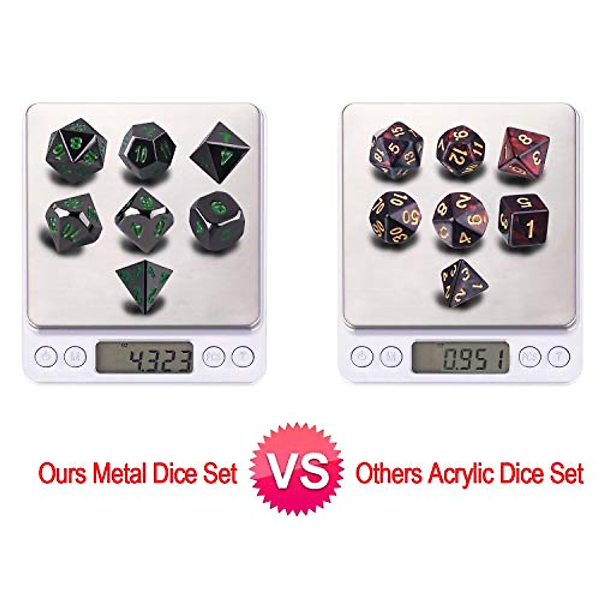 SIQUK Metal Polyhedral Dice Shiny Black Body and Dark Green Numbers Zinc Alloy Dice with Metal Case