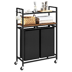 MAHANCRIS Laundry Hamper, Laundry Sorter with Shelf, Laundry Basket with 2 Pull-Out and Removable Bags, Laundry Organization and Storage for Bathroom, Laundry Room, Rustic Brown and Black LHHR4101