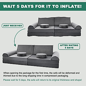 DoCred Kids Couch Play Set, 10PCS Modular Kids Sofa Couch, Kids Fort Couch Bedroom and Playroom Furniture for Toddlers, Convertible Foam Floor Cushion, Grey