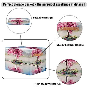 Oil Painting Of Cherry Trees Storage Basket, Collapsible Canvas Fabric Storage Toys Bin Shelves Decor Laundry Organizer with Leather Handles for Closet Shelf Nursery Bedroom 15x11x9.5 In