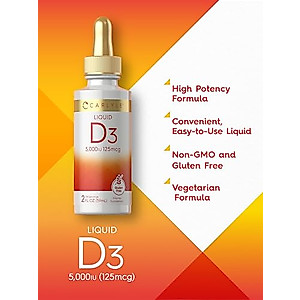 Carlyle Liquid Vitamin D3 | 5000 IU (125 mcg) | 2 oz | Vegetarian, Non-GMO, and Gluten Free Supplement | Vitamin D Liquid Drops for Adults