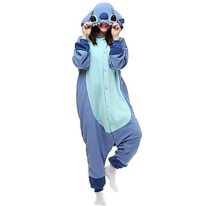 EONDEAR Adults Onesie Halloween Costumes Animals Sleeping Kigurumi Pajamas, Blue Stitch, Medium