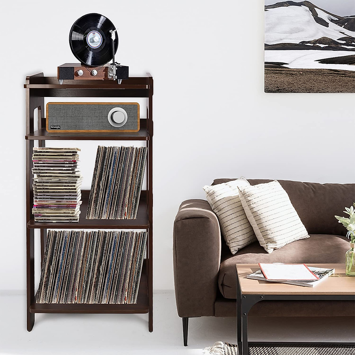 ikare Record Player Stand, Turntable Stand Display Sofa Side Phonograph Table 4 Tier Vinyl Cabinets Table with Metal Legs,Media Storage Vinyl Holder Display Shelf for Living Room Bedroom Home Office