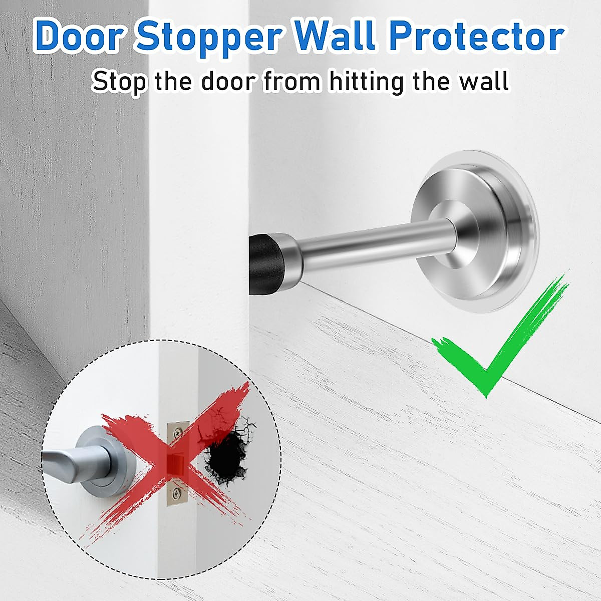 Door Stoppers, 3.5 Inch Door Stops for Bottom of Door, Wall Mounted Self Adhesive Door Stop with Black Rubber Bumper Stainless Steel Modern Doorstop Brushed Nickel No Drill Door Stopper, Silver 2 Pack