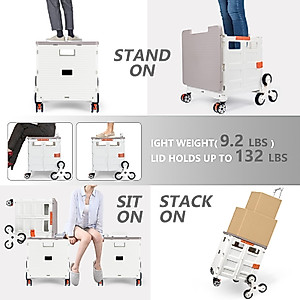 Foldable Utility Cart with Stair Climbing Wheels,Collapsible Rolling Crate with Magnetic Lid Telescopic Cover,Telescoping Handle,360° Rotate Wheel Hand Cart for Teacher Shopping Moving(Milky White)