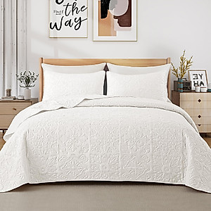 Whale Flotilla 3 Piece Queen Size Quilt Set, Soft Reversible Embossed Queen Quilts Bedding Set, Lightweight Bedspreads Coverlets with Boho Pattern for All Seasons, White