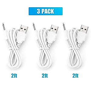 3 Pack Replacement DC Charging Cable 2.5mm with Fast DC USB Charger Cable Cord Adapter Technology for Universal Vibrating Wand Massagers and Toys, 2ft White