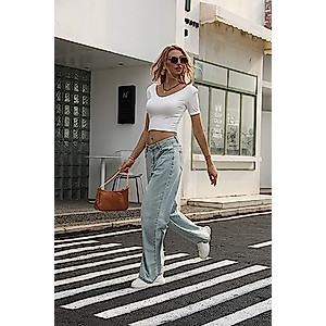 GIISAM Women's Baggy Jeans Disstressed Destroyed Vintage Pants Loose Wide-Leg High Waist Light Blue Denim Trousers