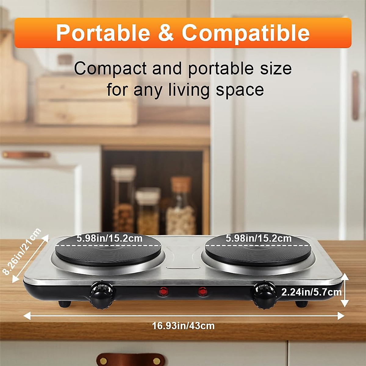 Uten Countertop Double Cast Iron Burner, 2000 Watts Electric Hot Plate, 5 level Temperature Controls, Power Indicator Lights, Easy to Clean, Black