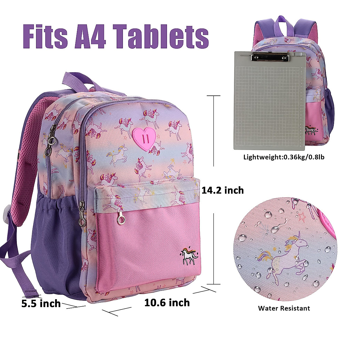 Sarhlio Kids Backpack 14” for Boys and Girls The Right Size Light Weight 600 Denier Polyester Water Resistant with Unicorn for Preschool Kindergarten Early Elementary School Pink(KP14A1)