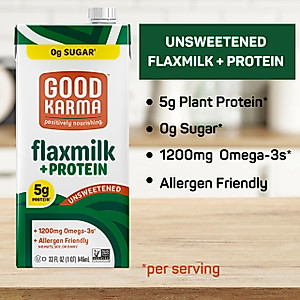 Good Karma Unsweetened Flaxmilk +Protein, 32 Ounce (Pack of 6), 5g Plant Protein + 1200mg Omega-3 Per Serving, Plant-Based Non-Dairy Milk Alternative, Lactose Free, Nut Free, Vegan, Shelf Stable