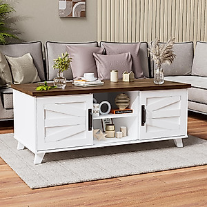 PAKASEPT Farmhouse Coffee Table with Sliding Barn Doors and Storage Cabinets Shelves, Center Table Rectangular Cocktail Table with Adjustable Shelves for Living Room, White