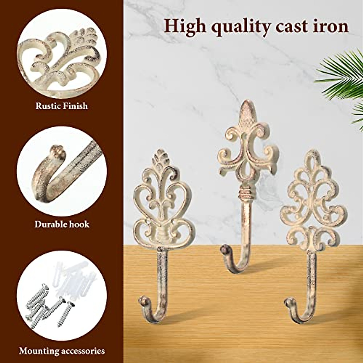 6 Pieces Shabby Chic Cast Iron Decorative Wall Mounted Hooks Retro Hanging Hooks Rustic Wall White Bathroom Towel Hooks with Screws and Anchors for Hanging Coat Towel, 3.15 x 7 Inch