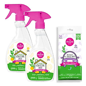 Dapple Multi-Surface Disinfecting Spray Baby, Citrus, 24 Fl Oz Bottle (Pack of 2) Baby All Purpose Wipes 30 Count Pouch, Lavender