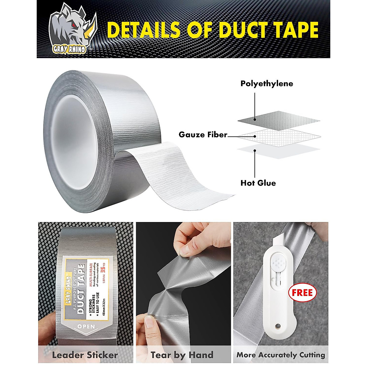 GRAY RHINO Duct Tape Heavy Duty Waterproof 1.88in 105ft/35yd Tearable with No Residue Strong Adhesive Duct Tape for Packaging Tape Indoor&Outdoor Repair Blackout Tape (1, Silver)