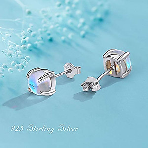 Moonstone Earrings 925 Sterling Silver Round Synthetic Moonstone Stud Earrings Moonstone Jewelry for Women Hypoallergenic Earrings for Sensitive Ears (A-Silver, 6)