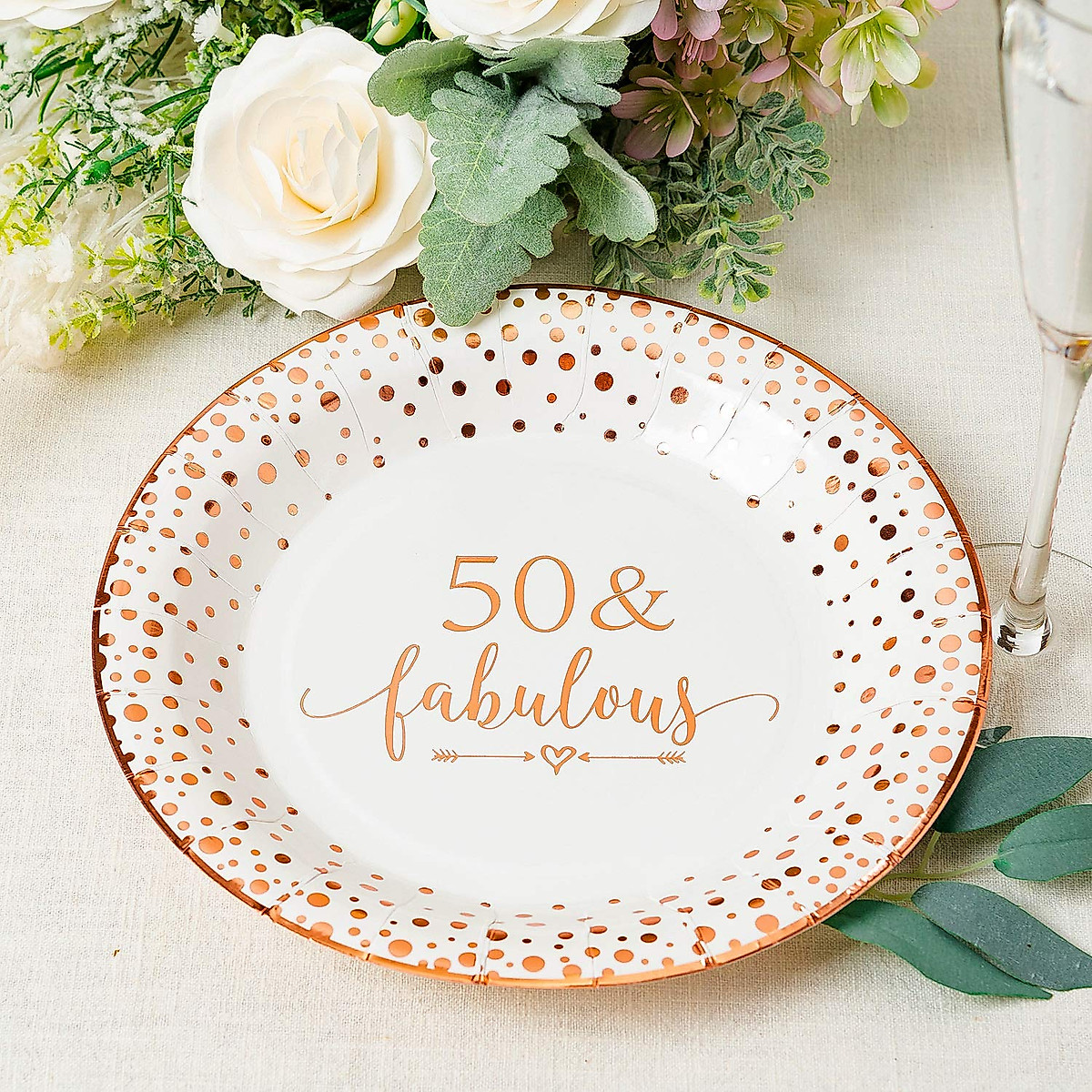 Crisky 50 Fabulous Disposable Plates for Women 50th Birthday Decorations Rose Gold Dessert, Buffet, Cake, Lunch, Dinner Disposable Plates 50th Birthday Party Table Supples, 50 Count, 9 inches
