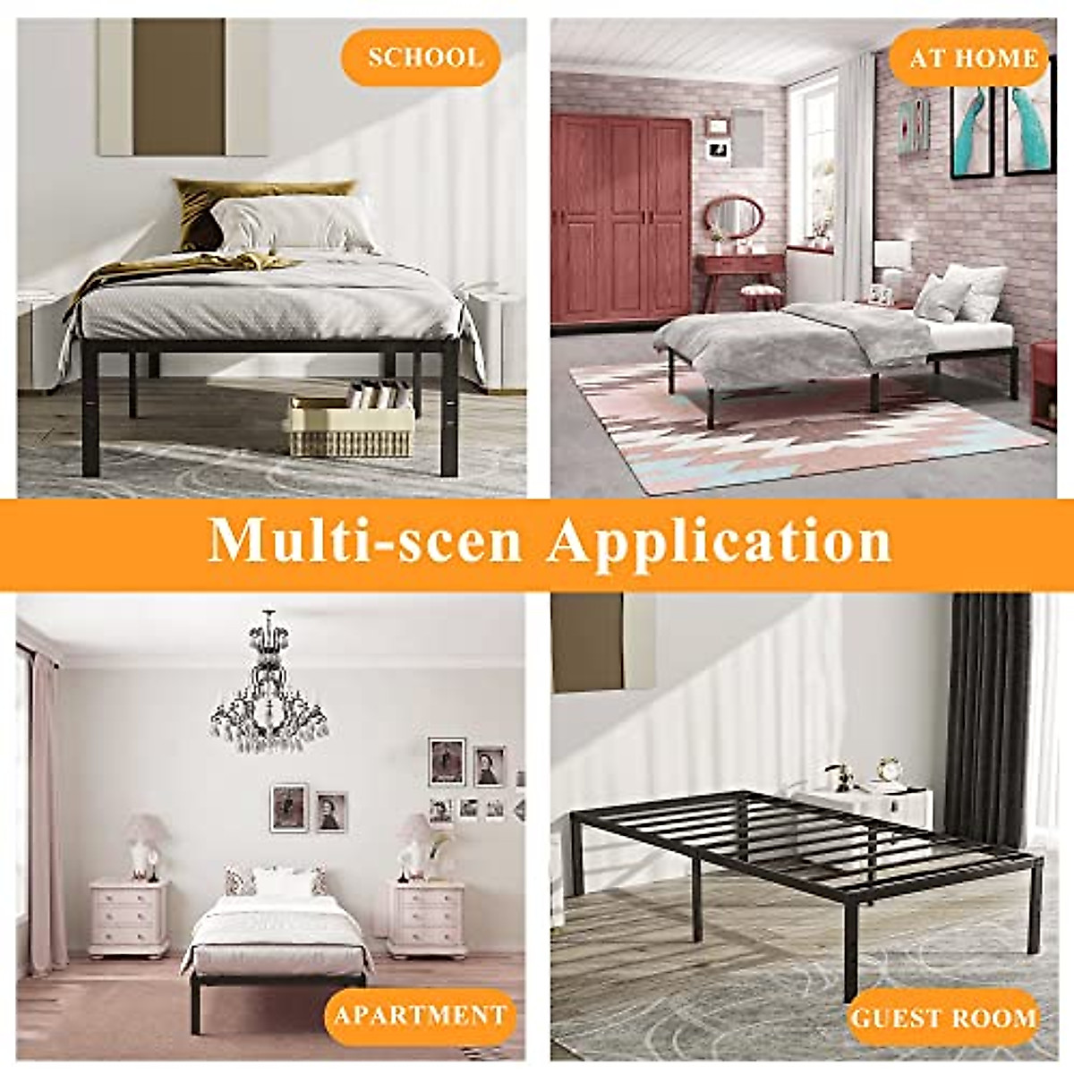 HISKIWUU Twin XL Bed Frame Heavy Duty 3000lbs 14 Inches,XL Twin Bed Frame Easy to Assemble Anti-Slip Noise Free,Bed Frame Twin XL No Box Spring Needed,Under Bed Storage,Black