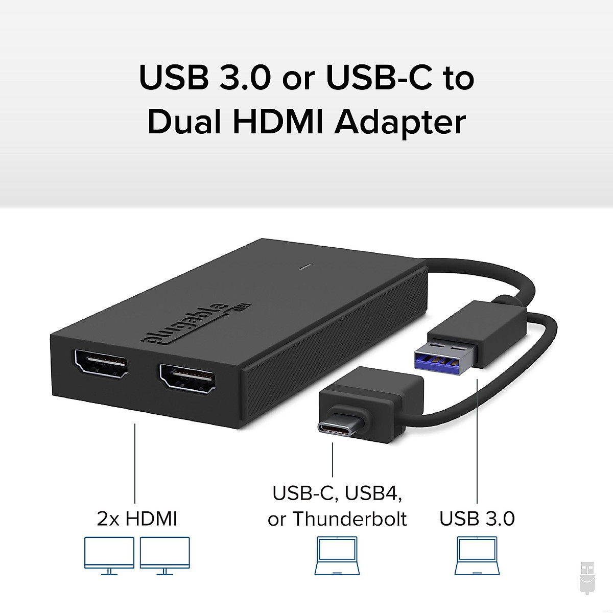 Plugable Dual Monitor Adapter for M1/M2/M3/M4 macOS Systems, Windows, ChromeOS. Broad Compatibility - Thunderbolt, USB-C, USB 3.0 to HDMI Adapter for Dual Monitors 1920x1080 @60Hz, SMI Driver Required