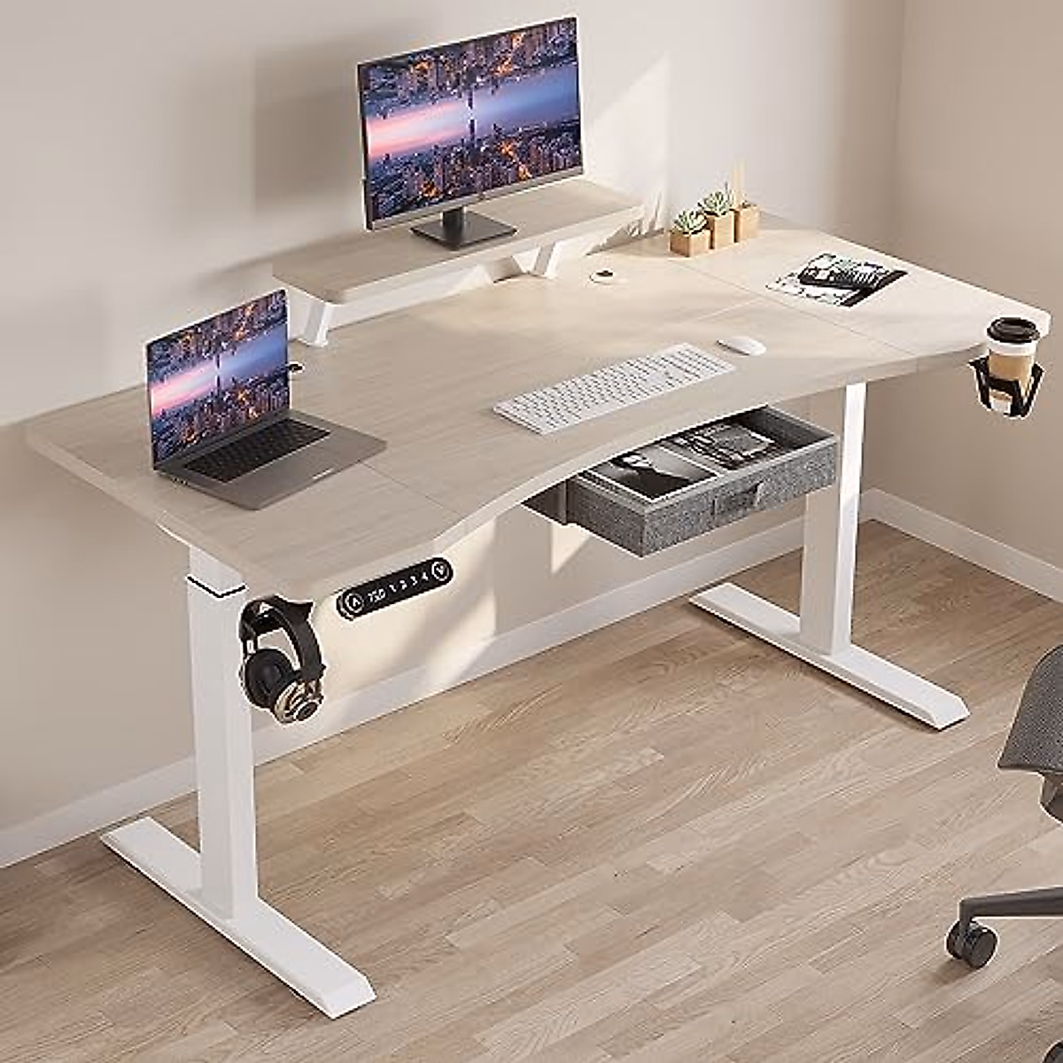 HEONAM Dual Motor Standing Desk with Drawer, 63x30 Inch Electric Height Adjustable Stand Up Desk with Storage Shelf, Home Office Desk Computer Workstation with White Pearwood Top/White Frame
