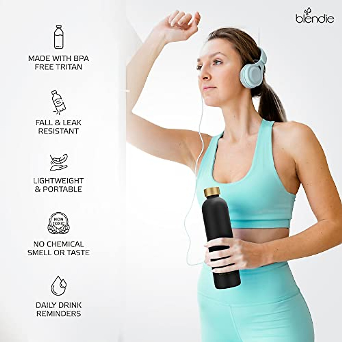 Blendie The Aesthetica Water Bottle with Time Marker - Large 1 Liter / 32 Oz BPA Free,Leakproof and No Sweat - Ensure You Drink Enough Water Daily for Fitness, Gym and Outdoor Activity