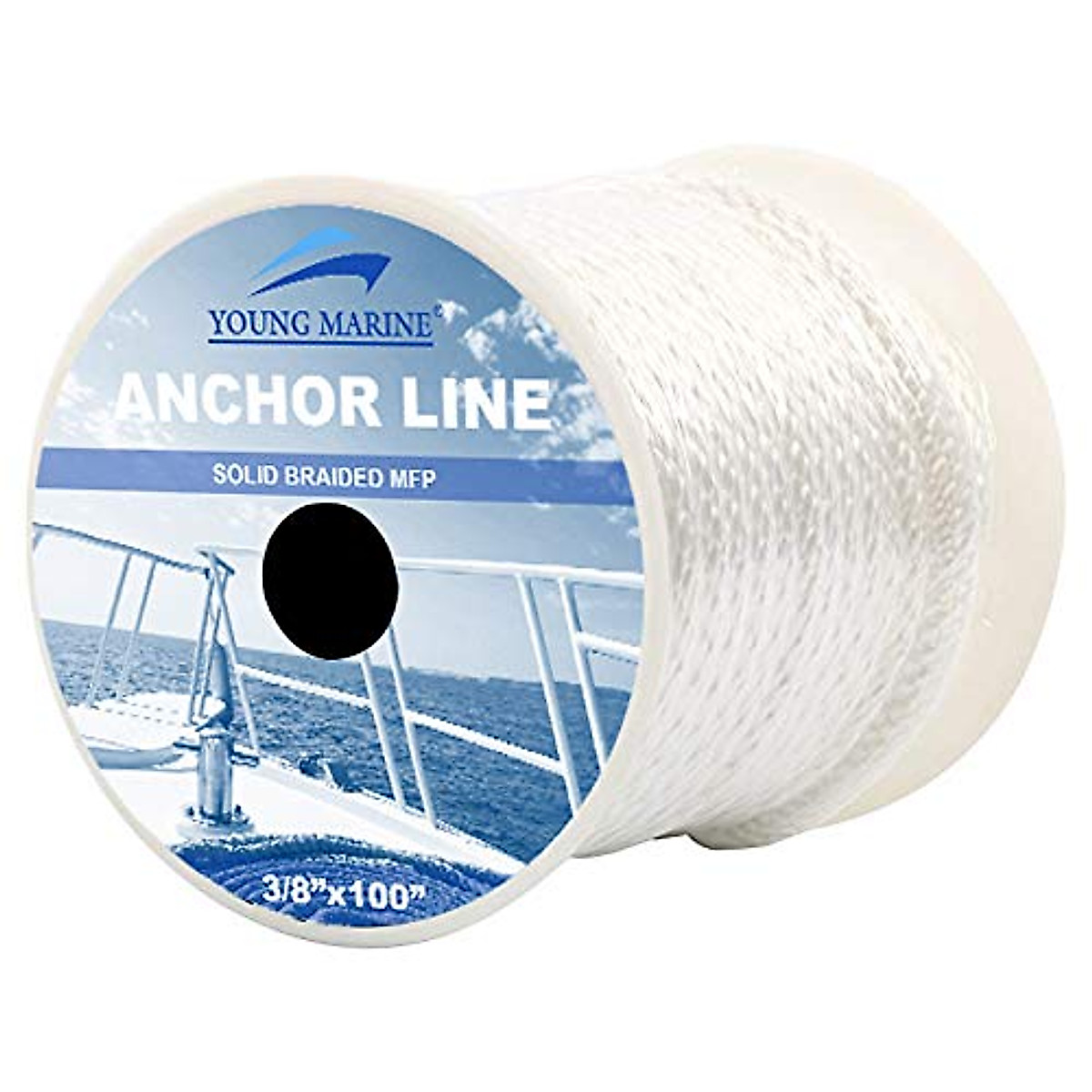 Young Marine Premium Solid Braid MFP Anchor Line Braided Anchor Rope/Line with Thimble (3/8" x 150', White)