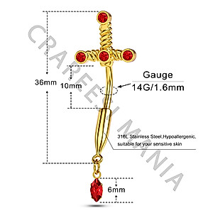 CM Crareesi Mania Dagger Belly Button Rings Gold Belly Rings for Women 316L Stainless Steel Belly Button Piercing 10mm Navel Piercing Jewelry 14G Cool Style Belly Piercing Rings