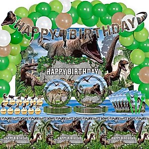 189 Pcs Dinosaur Tableware Tablecloth Party Supplies Set for 24 Guests Dinosaur Birthday Party Decoration Kit Includes Plates Backdrop Banners Cake Topper Dino Baby Shower Kids Party Favors