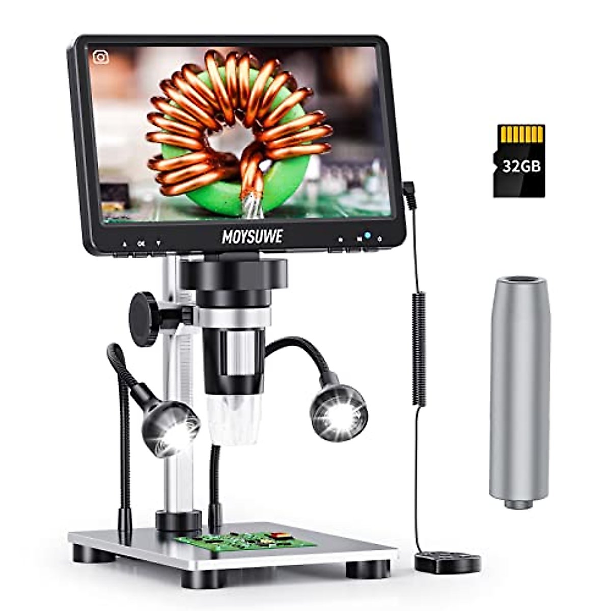 MOYSUWE MDM9 7" LCD Digital Microscope 1200X [Full Field of View] Extended Coin Microscope with 12MP Camera Sensor, 1080P HD USB Soldering Microscope with 10 LED Lights, Windows/Mac OS Compatible