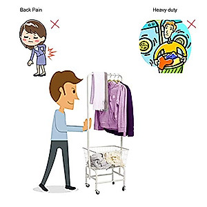 Rolling Laundry Hamper Basket Cart with Wire Storage Rack and Hanging Rack White