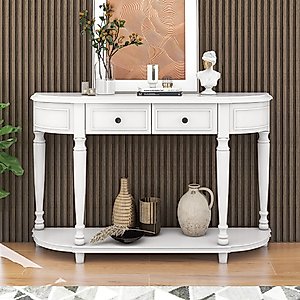 Retro Circular Curved Design Console Table with Open Style Shelf Solid Wooden Frame and Legs Two Top Drawers Ample Storage, Shape Console Table for Hallway Living, Dining Room (Antique White)