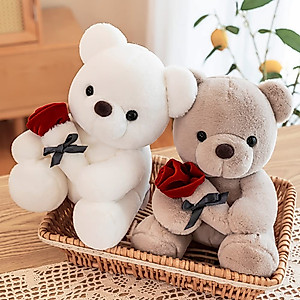 9.8'' Teddy Bear with Rose, Soft Plush Bear Doll Stuffed Animal Toys Valentines Day Decor Gifts for Her/Girlfriend Lover Mom Kids (White)