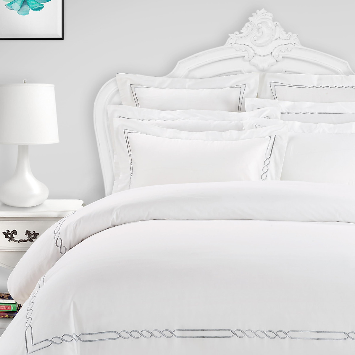SUPERIOR Lorenz Embroidered Duvet Cover Set, Long-Staple Cotton, Full/Queen, White