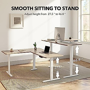 FEZIBO 63" L Shaped Standing Desk Height Adjustable, Electric Stand up Corner Desk, Sit Stand Home Office Desk with Splice Board, White Frame/Light Walnut Top