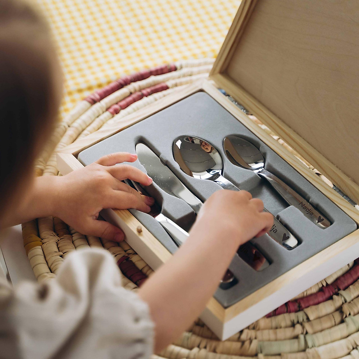 LAUBLUST Personalized Flatware Utensils Set - New Rainbow - Engraved with Name | New Born Baby, Toddler Gift - Natural Wooden Box & Spoons and Forks Stainless-Steel 4 pcs | Made & Shipped from Germany