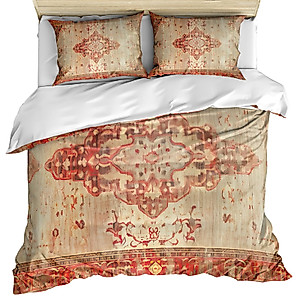 DecorLovee Red Beige Duvet Cover Set 3 Pieces with Zipper Closure, Vintage Boho Ethnic Geometric Abstract Art Bedding Sets 1 Duvet Cover & 2 Pillow Cases, Comforter Cover Set Duvet Cover Queen