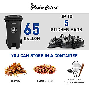 PLASTIC PRINCE 65 Gallon Step-On Rollout Trash Can with Lid, Commercial Heavy-Duty Container with Wheels, Gray