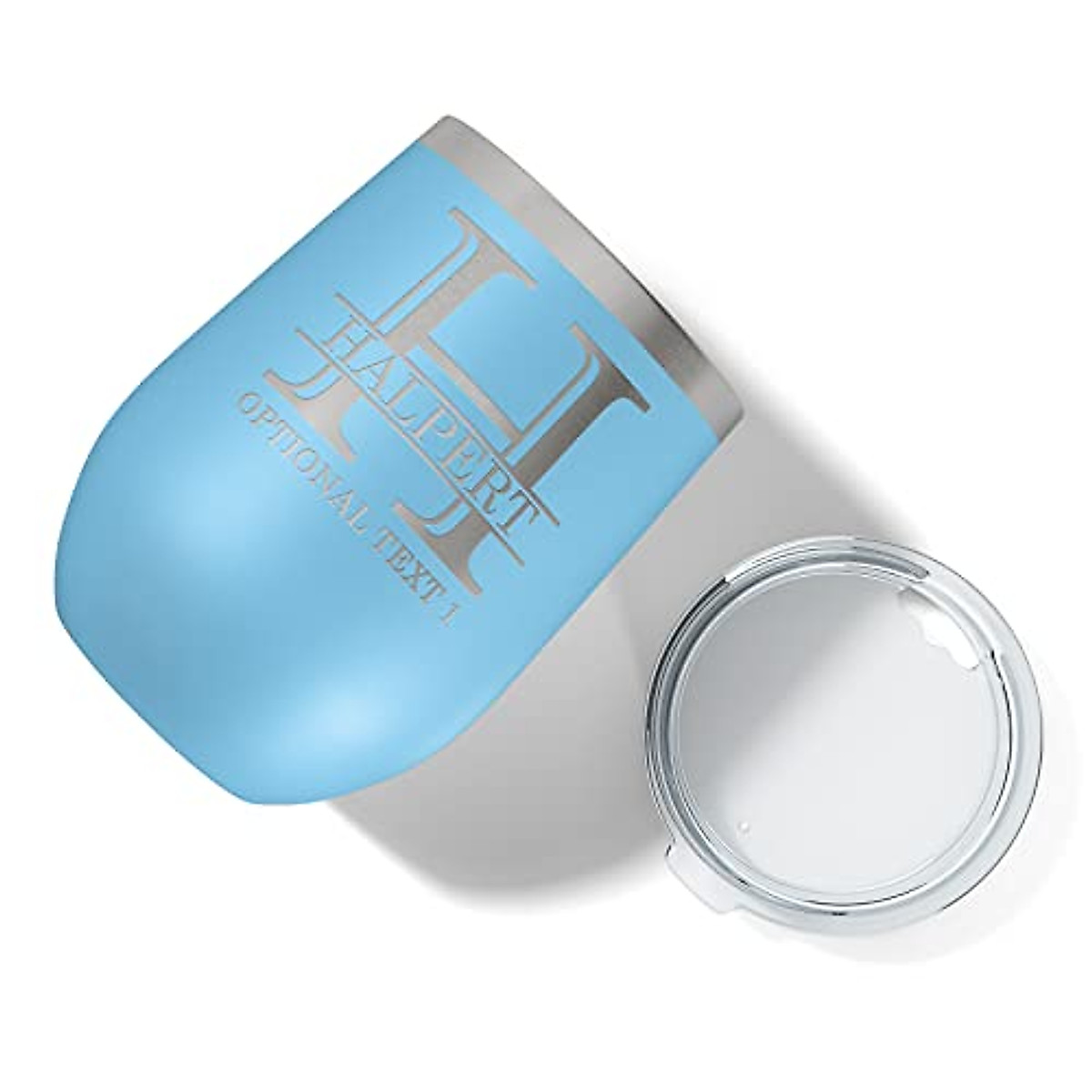 Personalized 12oz (17 Colors) Powder Coated Stainless Steel Stemless Wine Tumbler with Lid, Custom Etched, Customized Gift for Women Her, Wine Lover, Halpert Monogram Initial Name (Light Blue)