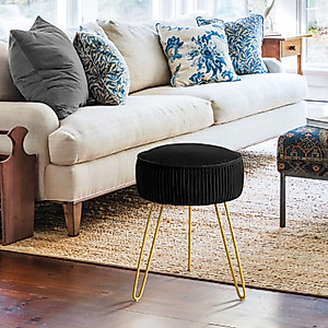 LUE BONA Pleated Vanity Stool, Velvet Upholstered Vanity Stool for Makeup Room, Round Mondern Stool for Vanity, Ottoman Footrest Stool with Metal Legs for Living Room, Bedroom, Black