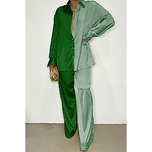 PRETTYGARDEN Women's 2 Piece Satin Outfits Long Sleeve Button Down Tops Wide Leg Pants Silk Loungewear Pajama Sets (Grass Green_Light Green,Medium)